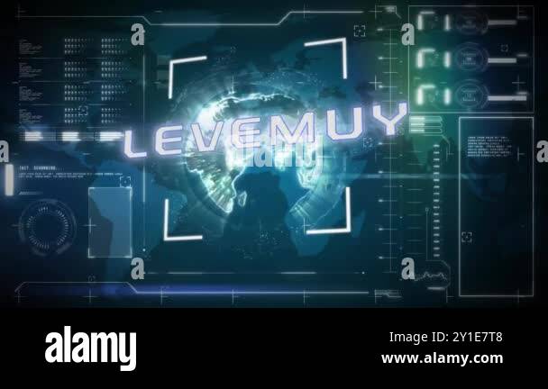 Level up text animation over digital world map and futuristic interface ...