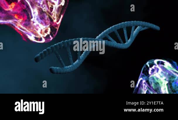 DNA strand with colorful molecular structures, scientific data processing animation. Science ...