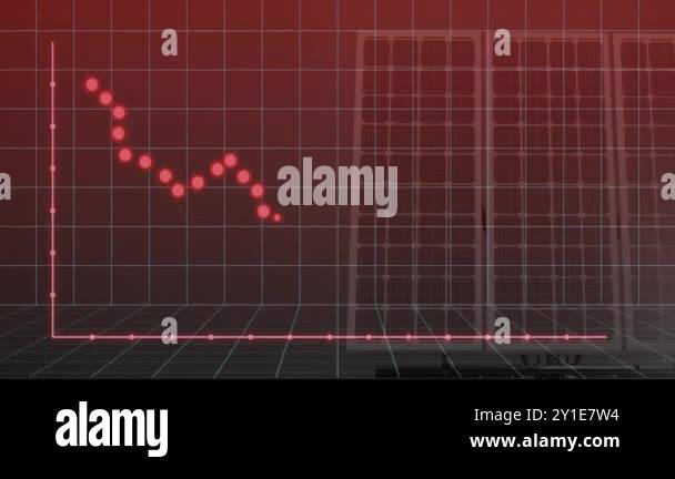 Declining graph with red dots over solar panels in animation. Renewable ...