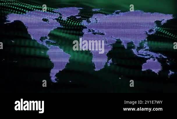 World map with data points and digital grid animation over green ...