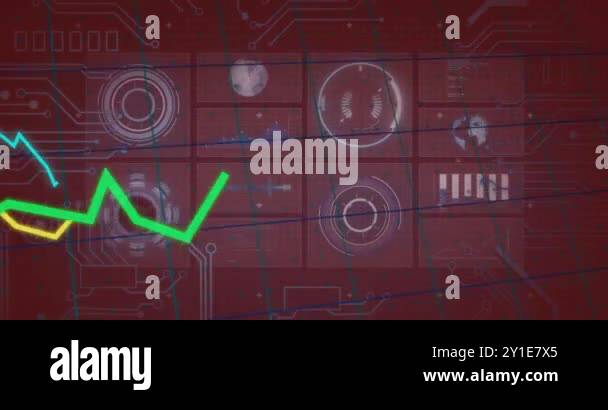 Green fluctuating line graph animation over red technological interface with various icons. Data ...