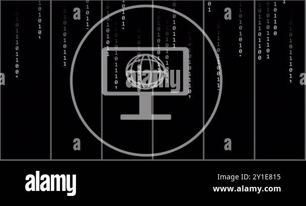 Computer monitor with globe icon animation over binary code background. Technology, digital ...