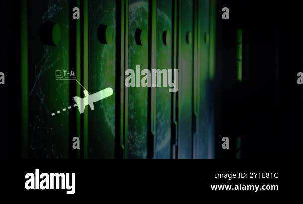 Server racks with text animation over digital globe background in data ...