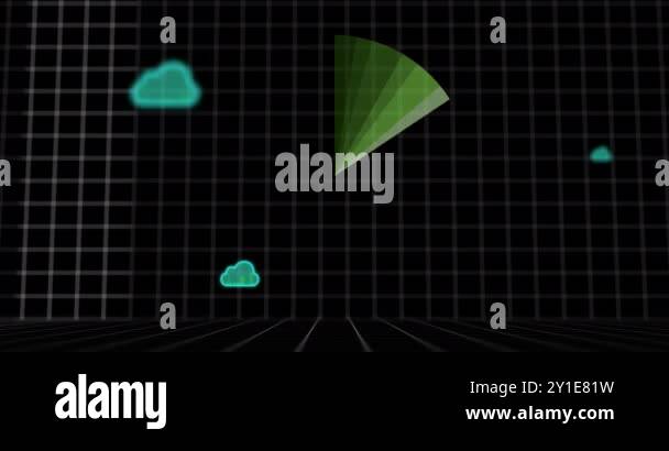 Green radar animation with cloud icons over grid background. Technology, data, cybersecurity ...