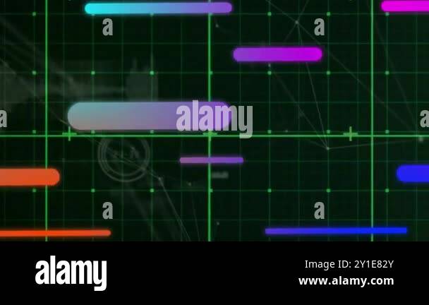 Colorful bars and grid lines, data visualization animation over dark background. technology ...