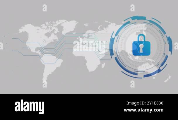 Digital security lock animation over world map with data connections. Cybersecurity, technology ...