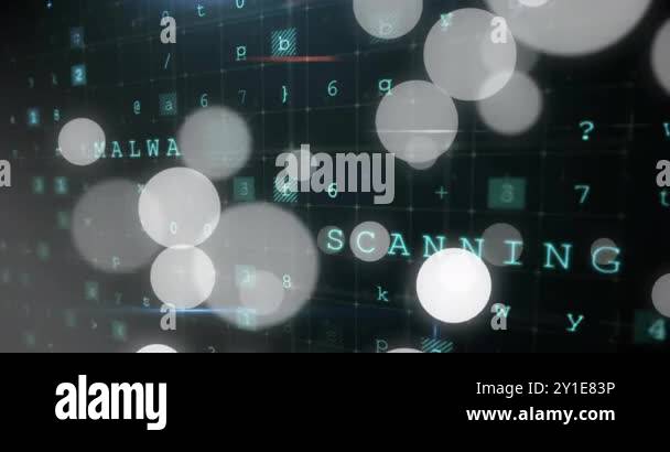 Floating bokeh lights animation over digital grid with letters and numbers. Data, technology ...