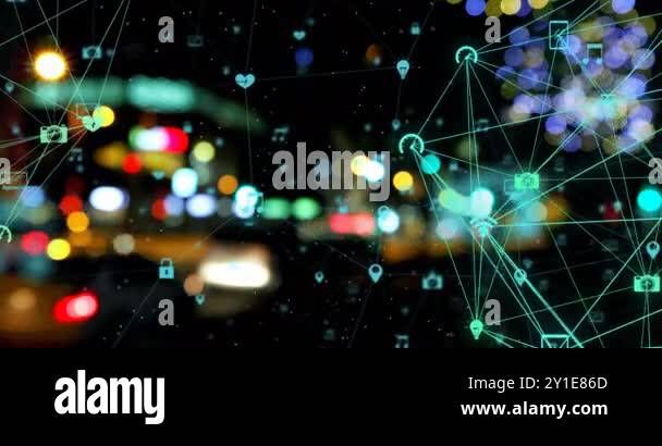 Network of connected devices and icons animation over blurred city ...