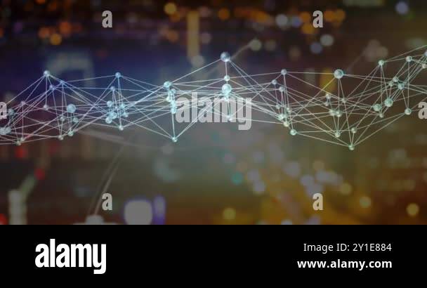 Network of connections and data processing animation over blurred city ...