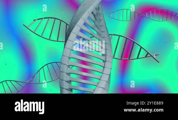 DNA strands and double helix structure animation over colorful gradient ...