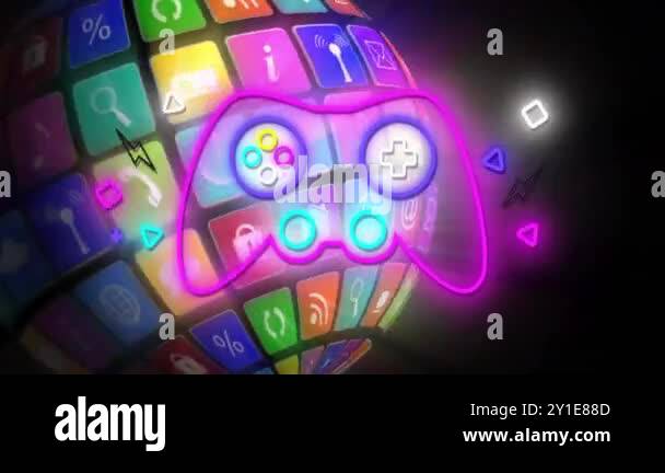 Game controller icon animation over colorful app icons on spherical ...