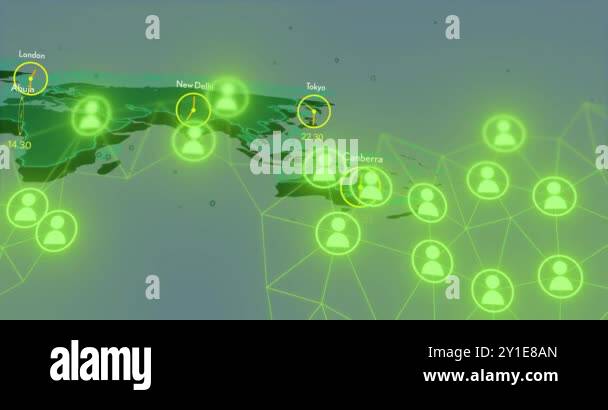 World map with glowing green icons and time zones, depicting global ...