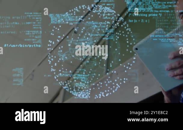 Man Holding Tablet With Code And Digital Sphere Animation Over Him Technology Coding