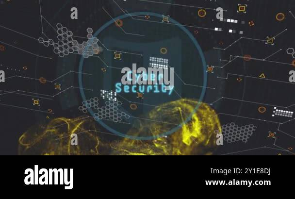 Cybersecurity shield and data protection animation over digital network background. encryption ...