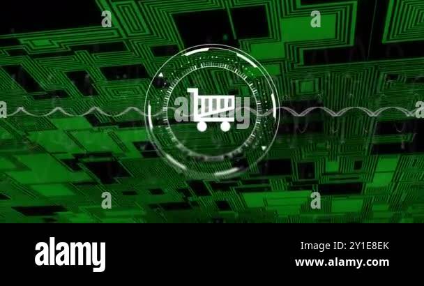 Shopping cart icon animation over green geometric patterns and ...