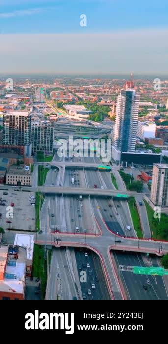 Downtown Chicago cityscape highways at dawn. Aerial view of the ...