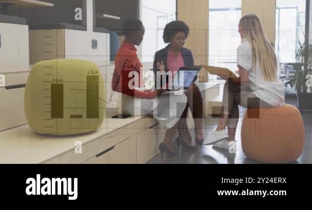 Business data charts animation over diverse colleagues discussing in modern office. teamwork ...