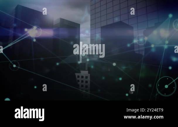 Network connections and data points animation over cityscape at night ...