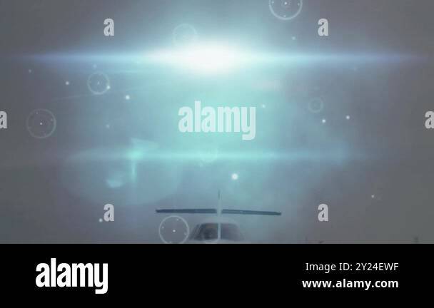 Aircraft on runway with futuristic navigation animation over sky ...