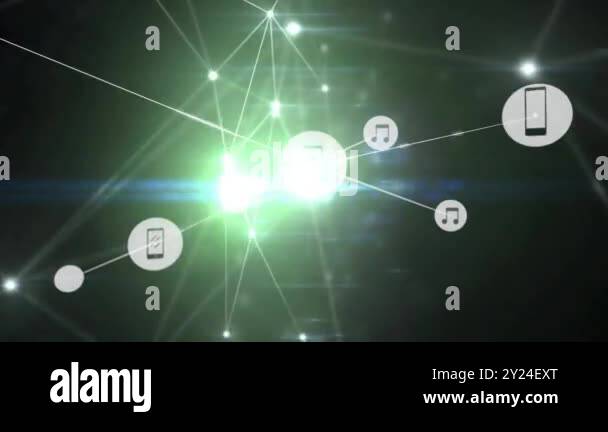 Connecting music notes and smartphone icons, network animation on green ...