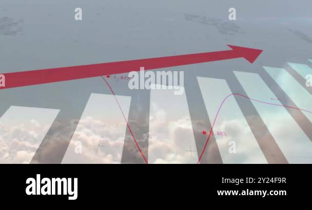 Red arrow and line graph animation over clouds and bar chart. Business ...