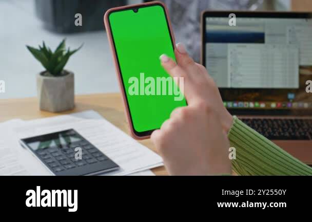 Finger tapping mockup cellphone turning on video call closeup ...