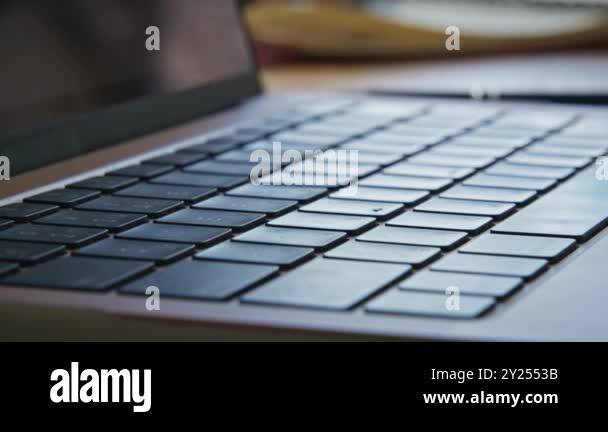 Closeup Grey Laptop Computer With Black Keyboard Indoors Macro View Modern Key Buttons In