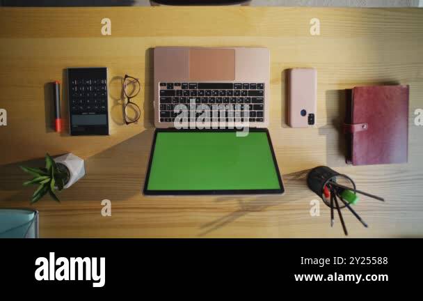 Top view chromakey gadget display workplace. Closeup turned on mockup ...