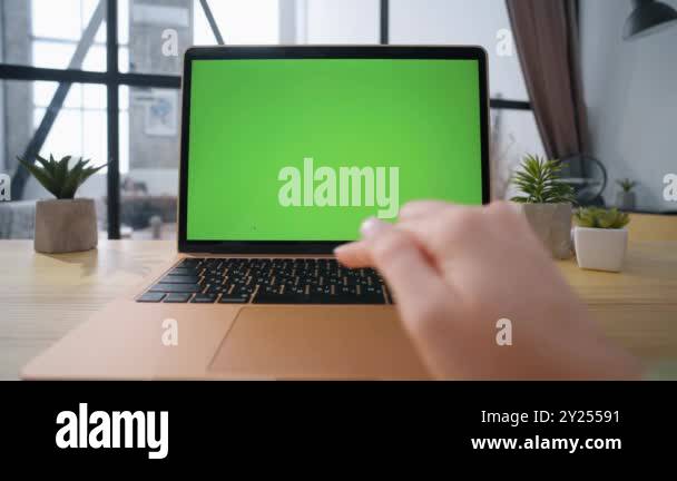 Employee finger tapping chromakey laptop touchpad at office closeup ...