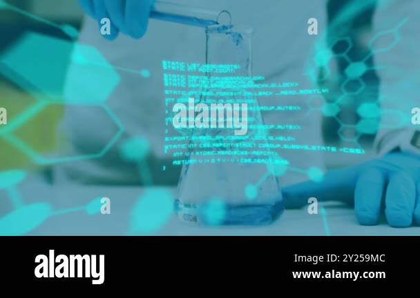 Pouring liquid into flask, scientific data and brain animation over ...