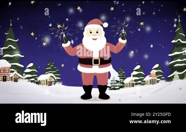 Cartoon Santa Claus celebrating with fireworks in hand. Winter ...