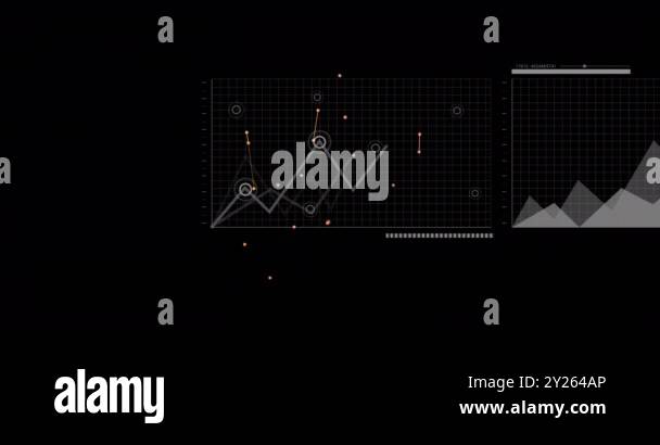 Graph and bar chart animation over data points and connections on black ...