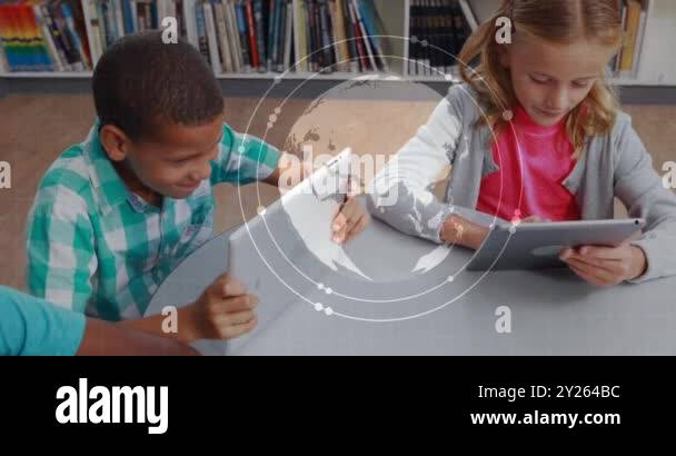 Children studying with tablets and books, world map and data animation ...