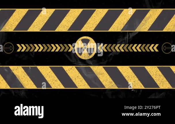 Radiation hazard symbol and arrows animation over yellow and black ...