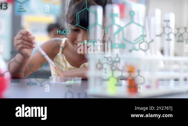 Using pipette in science experiment, girl surrounded by chemical ...