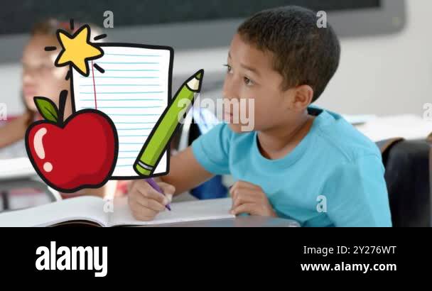 Writing in notebook, boy with pencil and apple animation over classroom ...