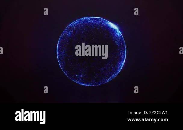 Abstract digital energy shiny sphere of moving particles. Blue orb ball ...