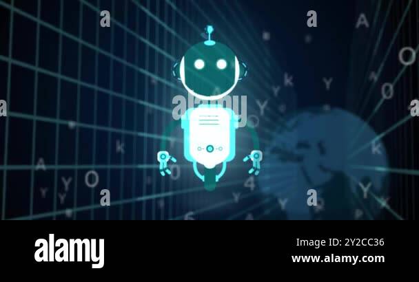 Robot animation over digital icons and binary coding background. Technology, innovation ...