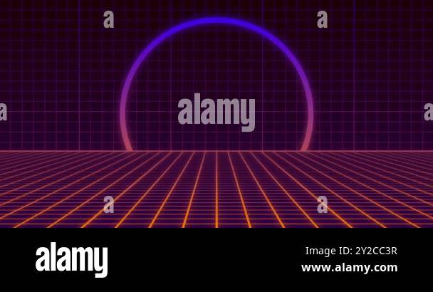 Retro grid floor and glowing arch animation over dark grid background ...