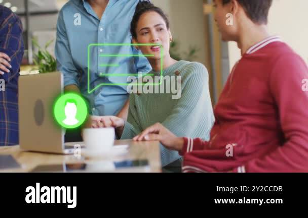 Chat bubble and user icon animation over diverse people having ...