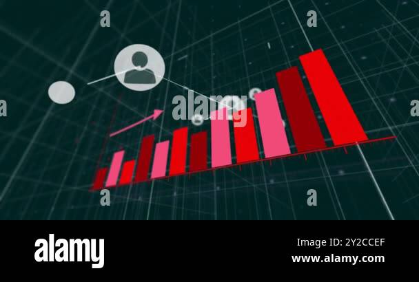 Rising bar graph and upward arrow animation over network of connected ...