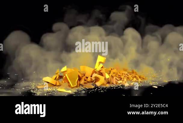 Yen or yuan symbol falling down and breaking into pieces. 3D animation ...