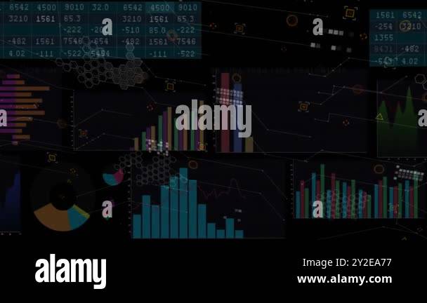 Animating financial data and graphs over dark background with charts and numbers. Finance ...