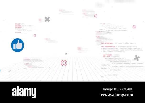 Thumbs up icons and red crosses animation over digital code background ...
