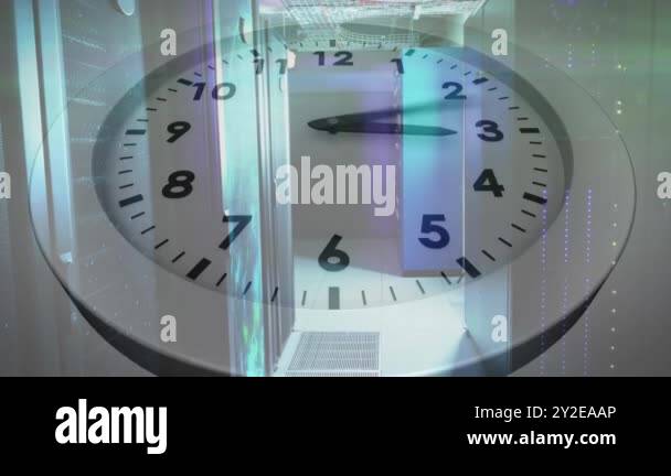 Clock animation over server room, indicating time management in data ...