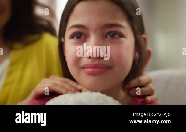 Close up suffering sad crying bad feeling Caucasian little girl kid ...