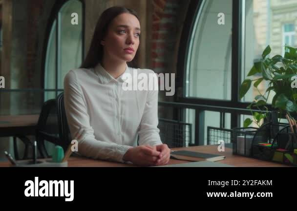 Thoughtful upset sad Caucasian girl lady businesswoman student think ...