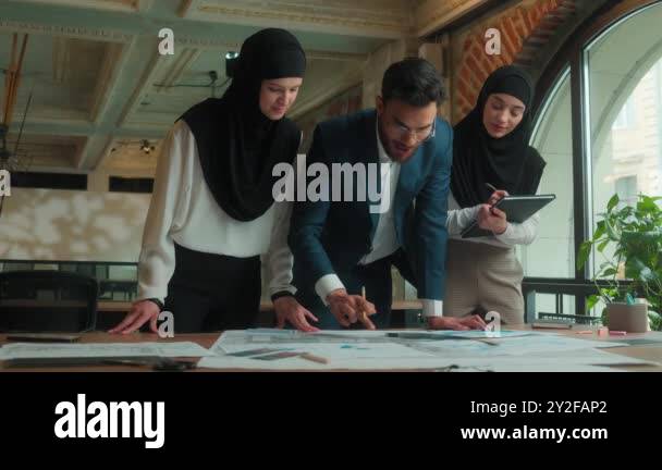 Indian man muslim hijab women business team architects engineers designers builders male female ...