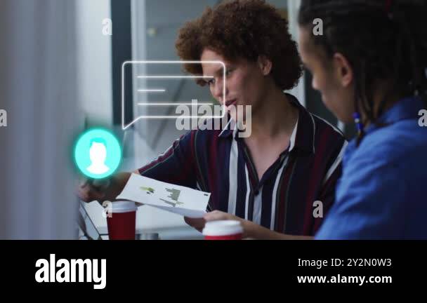 Reading documents, two people with coffee cups, chat bubble animation ...