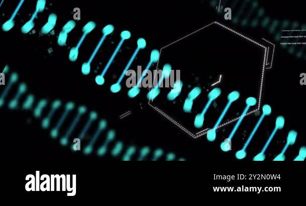 Chemical structure and DNA strand animation over black background ...
